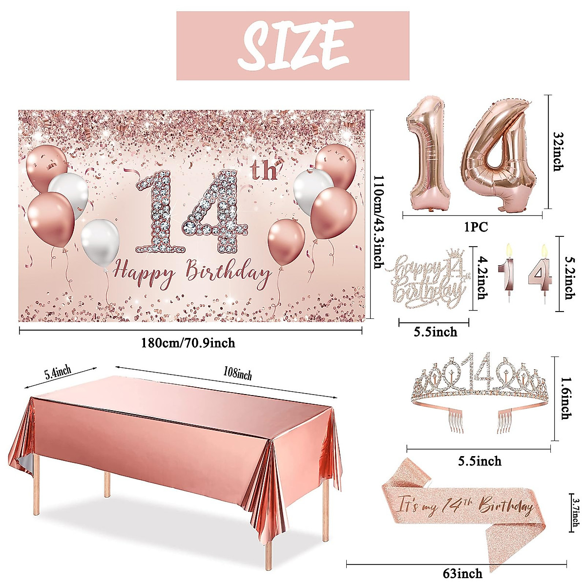 Trgowaul 14th Birthday Decorations Party Set for girls, Rose Gold 14 Birthday Banner and Tablecloth, 14 & Fabulous Sash and Tiara, 1PC Happy 14th Birthday Cake Topper, Pink Gold 14 Number Balloons