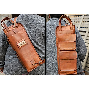 WerKens Leather Drumstick Bag Floor Tom Hooks Holds 10-12 Pairs Drum Sticks Mallets Brushes Percussion Drum Stick Bag Detachable Shoulder Strap Easy Carry Handles (Brown) – DSB003