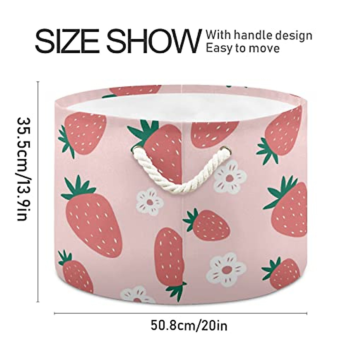 xigua Cute Strawberry (2) Large Round storage basket 20 x14 Inches Collapsible Round Storage Bin, Laundry Basket Organizer for Towels, Blanket, Toys, Clothes