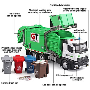 OANMYJJO Metal Diecast Garbage Truck - Friction Powered with Light & Sounds, Front Loader Dumpster, Boys Age 4-7
