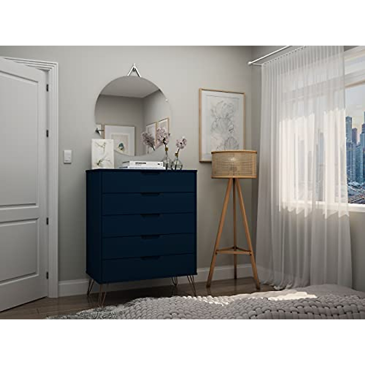 Manhattan Comfort Rockefeller Mid Century Modern 5-Drawer Tall Dresser, Tatiana Midnight Blue
