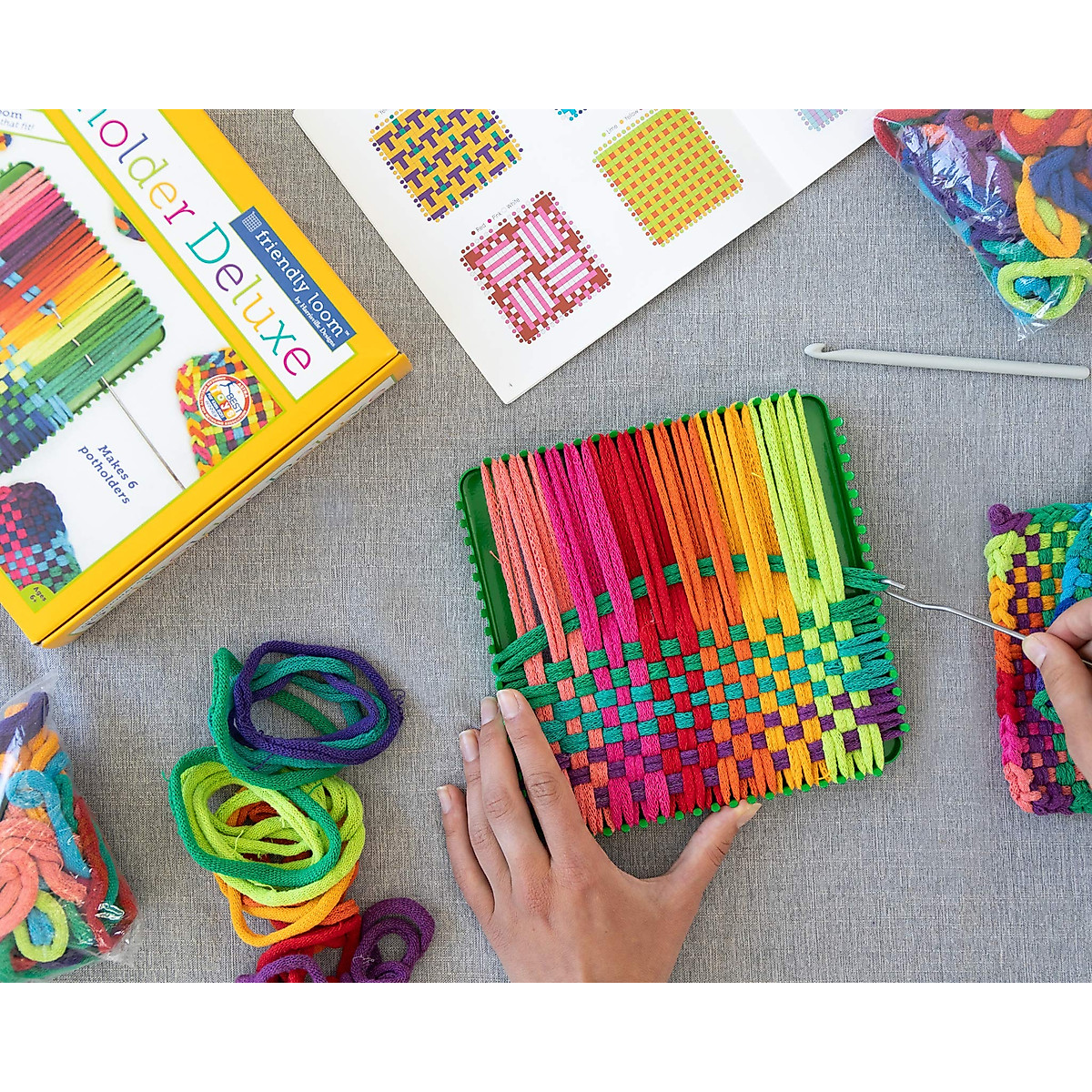 Friendly Loom Potholder 7" Traditional Size Green Potholder Plus Loom Kit with Rainbow Color Cotton Loops Make 6 Potholders, Weaving Crafts for Kids & Adults, Made in The USA by Harrisville Designs
