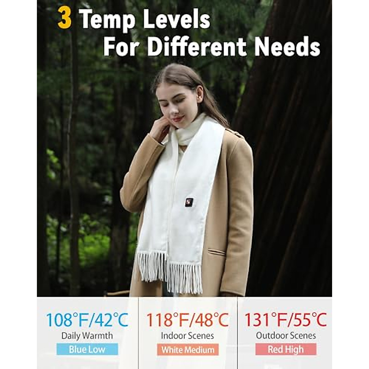 Heated Scarf for Women Men Rechargeable Christmas Birthday Gifts Ideas Unique Electric Sister Wife Best Friend Friendship Mom Mother Her Outdoor Girlfriend Thanksgiving Female Teacher Hiking White