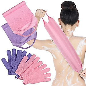 4 Pack Exfoliating Shower Bath Gloves Back Scrubber Set, 2 Exfoliating Body Scrubber Nylon Back Washer, 2 Pairs Scrub Gloves for Women Men Children Skin, Stretchable Pull Strap Washcloth, Pink, Purple