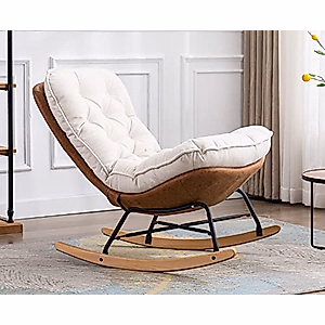 Kmax Rocking Chair Nursery Tufted Accent Glider Chair with Tufted Linen Fabric Cushion PU Leather Base for Baby Nursery Bedroom Living Room, Cream