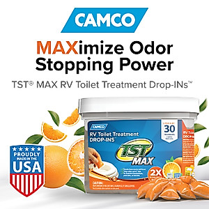 Camco TST MAX Camper/RV Toilet Treatment Drop-INs - Control Unwanted Odors & Break Down Waste and Tissue - Safe Septic Tank Treatment - Orange Scent, 30-Pack (41183)