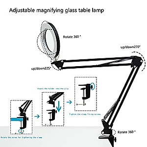 Magnifying Desk Lamp, Magnifying Glass with Light and Stand, 3 Color Modes, Magnifying Lamp with Clamp, Adjustable Swivel Arm with Light to Read Close Work (Black)