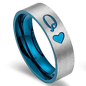XAHH Matching Set Couple Ring King Queen Heart Titanium Steel Matte Brushed Promise Wedding Band Silver Blue Women Size 5