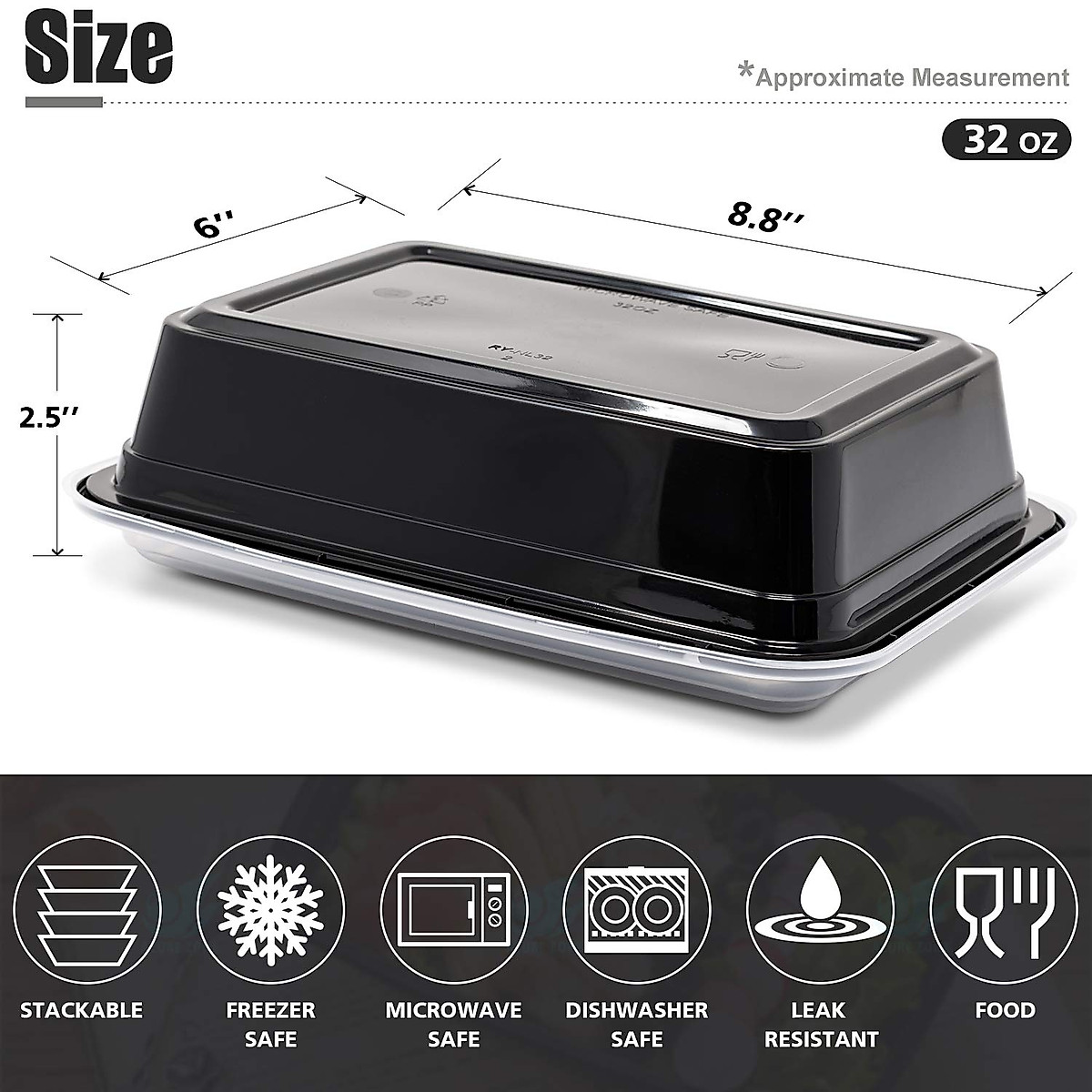 Azure Zone, 32 oz, 50-Pack Rectangular Meal Prep Food Container with Lid - One Compartment Bento Box - Stackable - Freezer/Microwave/Dishwasher Safe - Reusable Storage - Portable - BPA Free