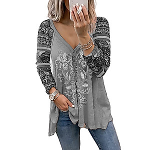 Mayntop Womens Tops Shirt Flower Graphic Striped Aztec Paisley Pattern Print Ethnic Long Sleeve Plus Size V-Neck Button Loose Blouse(A Gray,5XL)