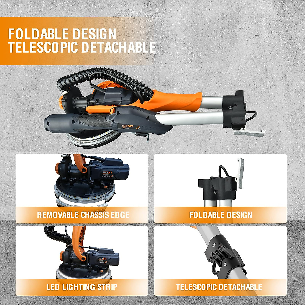 MAXXT Drywall Sander with Vacuum Dust Collection, Popcorn Ceiling Removal Tool, 6 Variable Speed Foldable Telescopic Electric Wall Sander, 600-1900RPM Power Sander Tool, LED Light, 18Pcs Sanding Discs