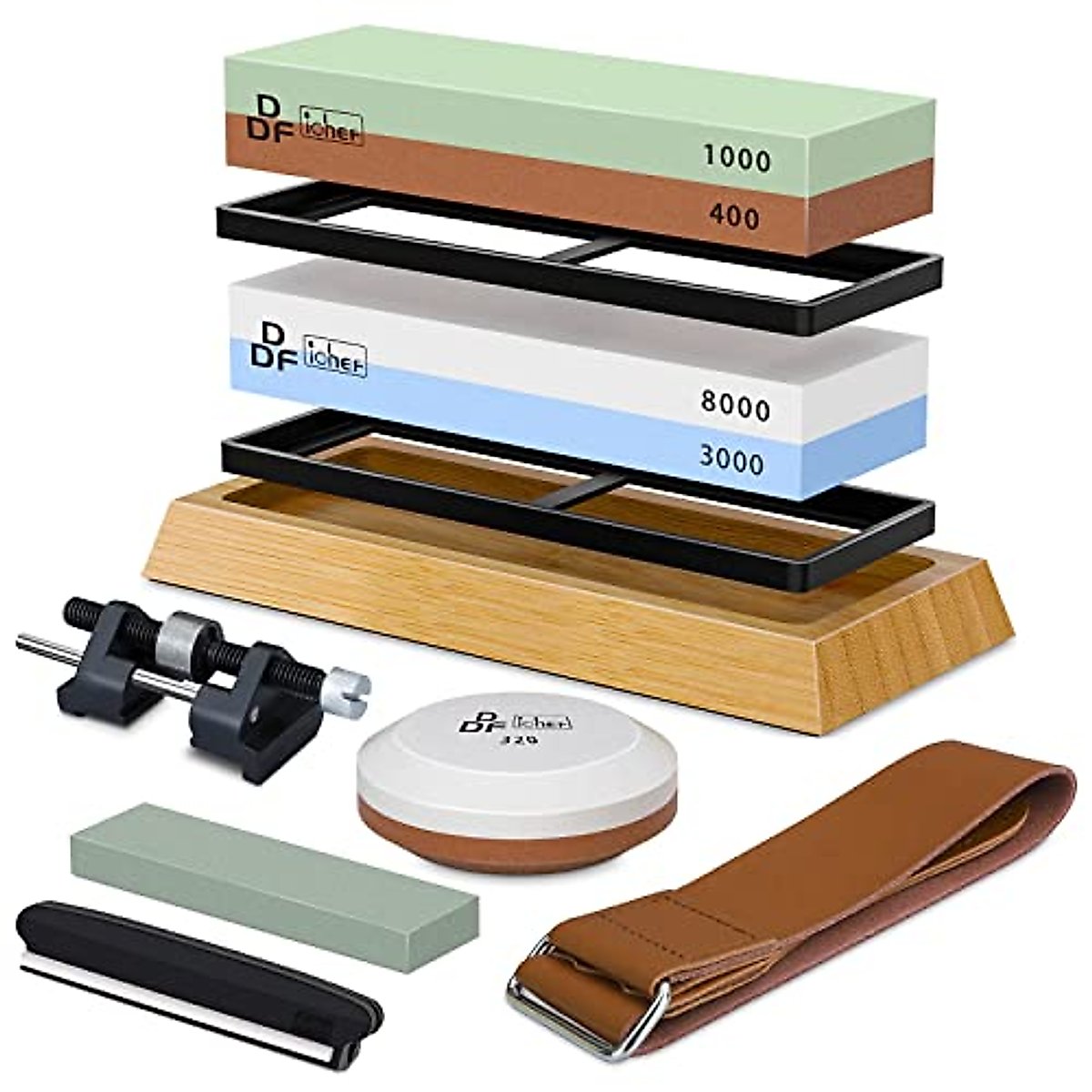 DDF iohEF Whetstone Sharpening Stone Kit 4 Side Grit 400/1000 3000/8000 Wet Stone Knife Sharpeners Set with Axe Sharpening, Angle Guide, Flattening Stone, Leather Strop, Non-Slip Bamboo Base