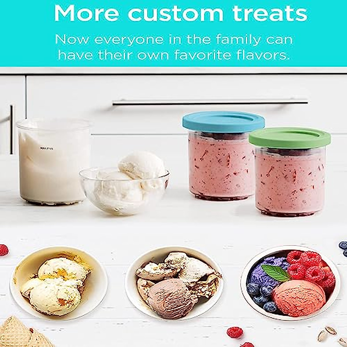 4 Pack Containers Extra Replacement for Ninja Creami Pints and Lids, (16oz) Cups Compatible with NC301 NC300 NC299AMZ Series Ice Cream Maker - Dishwasher Safe, Leak Proof Lids Pink-Mint-Grey-Blue