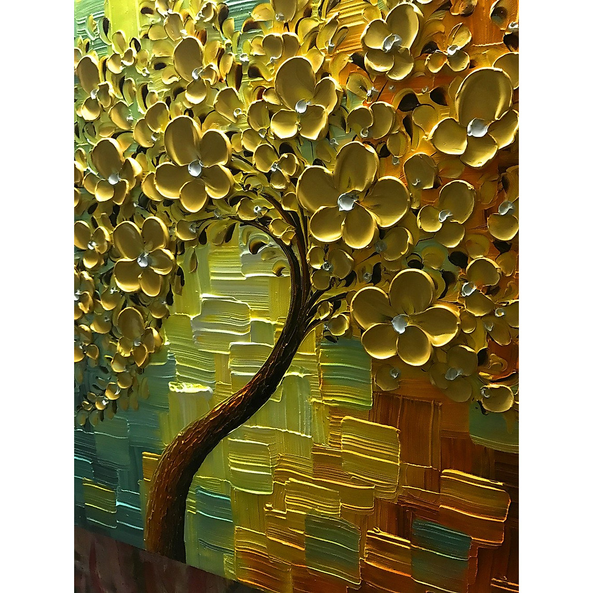 YaSheng Art - 3D Oil Paintings On Canvas Golden Flowers Tree Paintings Abstract Artwork Wall Art For living Room,Dinning Room Home Decor Framed Stretched Ready to Hang 24x24inch