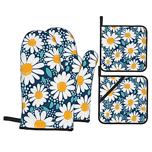 Oven Mitts and Pot Holders Sets of 4 High Heat Resistant Daisy Flowers Oven Mitts with Oven Gloves and Hot Pads Potholders for Kitchen Baking Cooking BBQ Non-Slip Cooking Mitts