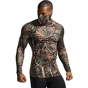 TSLA Men's Thermal Long Sleeve Compression Shirts, Mock/Turtleneck Winter Sports Running Base Layer Top, Heatlock Face Mask Print Hunting Camo, Medium