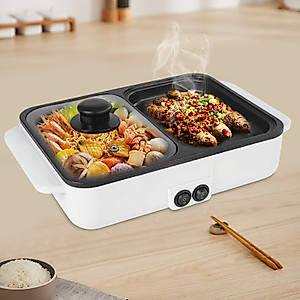 Hot Pot Electric with Grill, 2 in1 Indoor Non-Stick Shabu Shabu Pot & Frying Pan, Portable Mini Hot Pot Korean BBQ w/Individual Dual Temperature Control, 1-3 People (White)