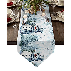 ZFUNCING Winter Christmas Table Runner Cute Snowman Watercolor Xmas Tree Dresser Scarf Table Decorations for Home Kitchen Dining Holiday Party Decor 13x60 Inch,Blue and White