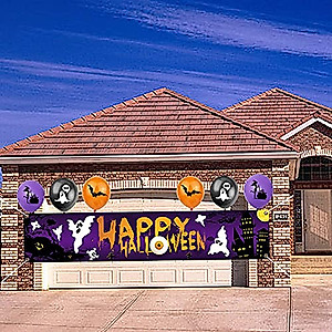 Extra Large Happy Halloween Banner Halloween Party Sign Banner Decorations Halloween Party Balloons Halloween Ghost Yard Sign Decoration Backdrop Photography Backdrop for Halloween Party(118” x 24”)