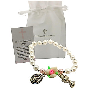 First Communion Rosary Bracelet Rose Stretch Wrist Fashion for Girls with Holy Prayer Card and Bag Gift Set