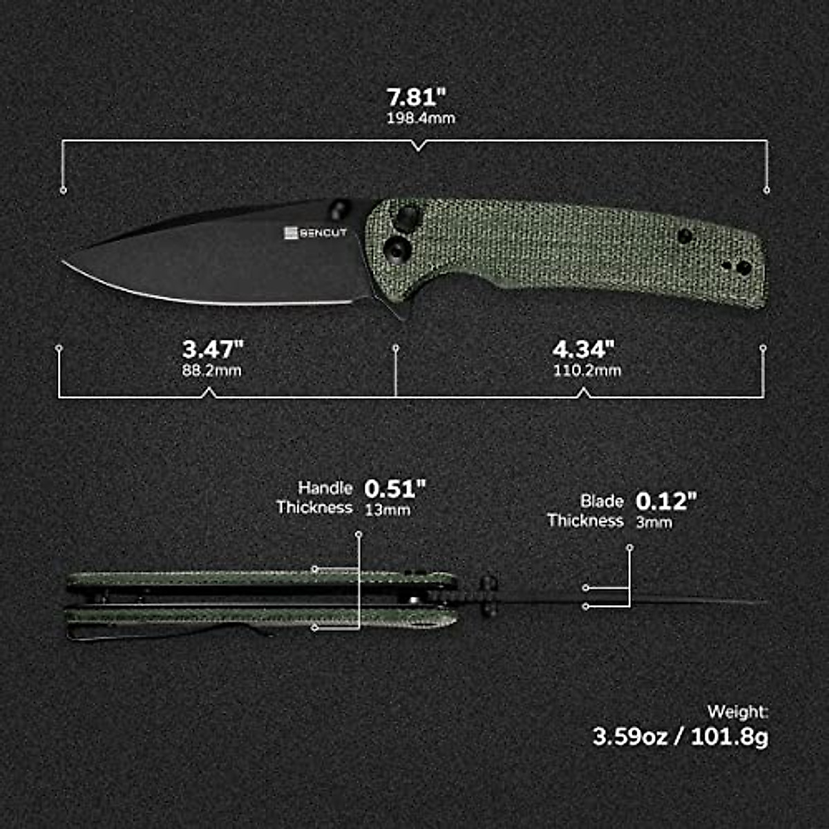 SENCUT Sachse Pocket Knife Folding Knife for EDC, Green Micarta Handle Black Stonewashed 9Cr18MoV Blade Foldable Small Knife with Clip, Button Lock Everyday Carry Knife for Men Women, Lightweight for Indoor Outdoor Gift S21007-2