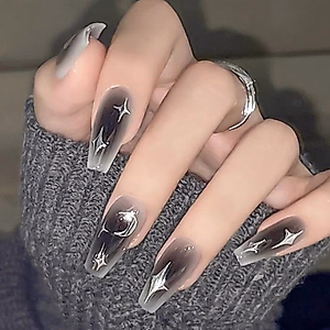 24Pcs Black Press on Nails Long Star Moon Fake Nails Full Cover Luxurious Acrylic Nails Glue on Nails Glossy Gradient False Nails Stick on Nails for Women
