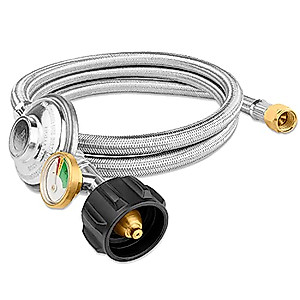 MONKKIGO 5FT Propane Regulator with Hose, Stainless Steel Braided Propane Gas Regulators and Gauges for Most LP Gas Grill, Heater and Fire Pit Table