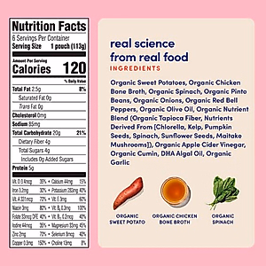 Cerebelly Organic Sweet Potato Pinto Bean & Chicken Bone Broth Puree | 6+ Months Baby Food Pouches | Non-GMO, Tested for Heavy Metals | Protein, Healthy Fats, 16 Nutrients | 4 Oz Pouch (6 Pack)