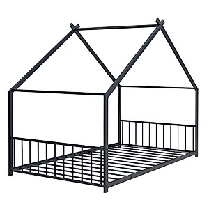 House Beds for Kids, Twin Size Floor Bed Frame Metal Montessori Beds with Headboard & Footboard for Children Boys Girls Teens, Black