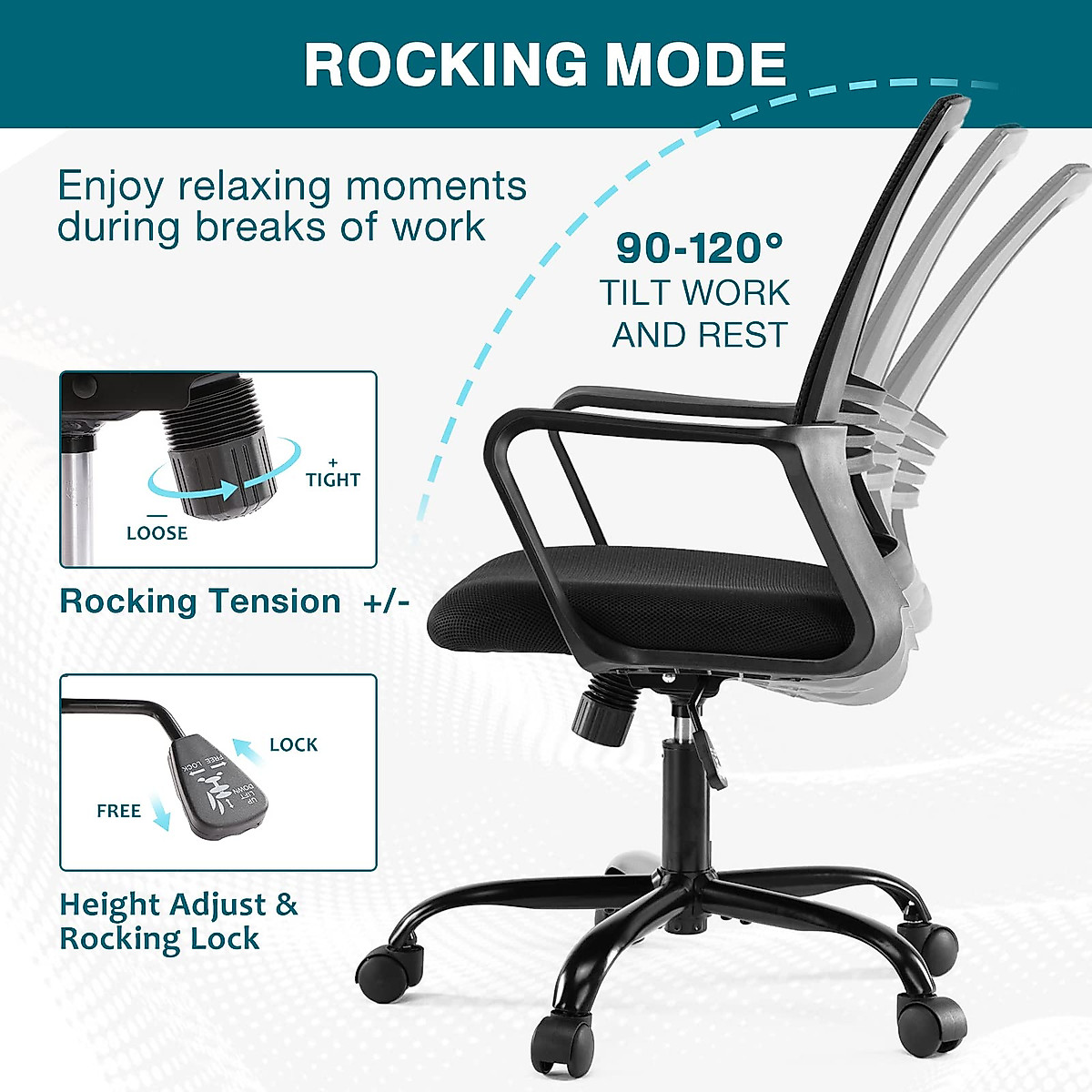 AFO Ergonomic Home Office Desk Chair with Comfortable Lumbar Support, Mid Back, Padded Seat and Armrest, Rocking Mode 360 Degree Swivel Rolling, Breathable Mesh, Adjustable Height, Black