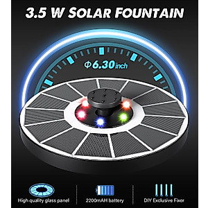 Yzert Solar Fountain Full Glass Panel with 2200 Capacity Battery, 3.5W Floating Solar Bird Bath Fountains with 4 Fixed Rods, Solar Fountain Pump for Bird Bath, Garden, Pond, Pool, Outdoor-Colorful