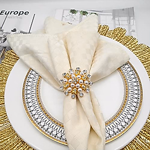 Joyindecor Napkin Rings Set of 6-Flower Pearl Rhinestone Napkin Ring Holder for Wedding Party Home Kitchen Dining Table Linen Accessories (Golden)