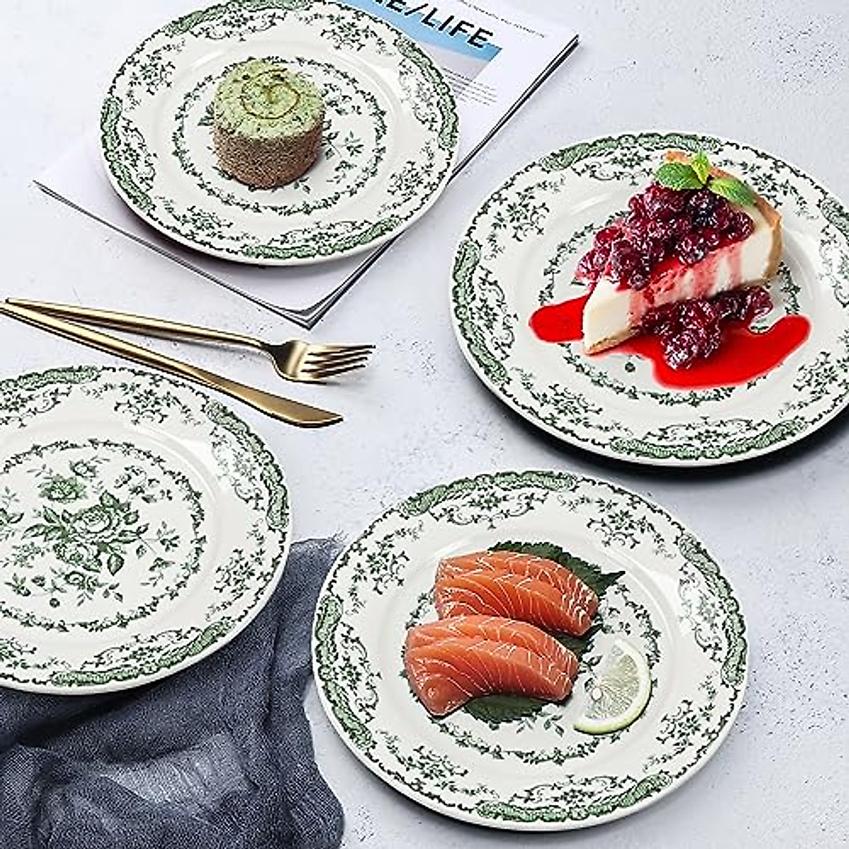 HomeElves Dinner Plates Set of 6, White Plates, Ceramic Kitchen Plates Microwave Safe Plates, 10.5 Inch Porcelain Dinner Plates Floral Plates, Green