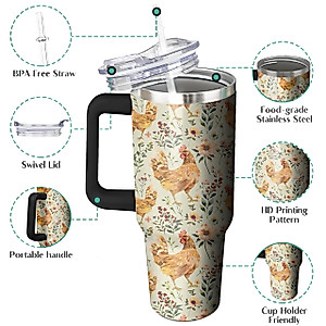 Ksoemar 40 Oz Chicken Tumbler with Handle and Straw, Double Wall Stainless Steel Mug, Insulated Rooster Cup Gifts for Chicken Lovers, Travel Mug