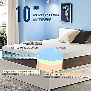JINGWEI Queen Mattress 10 Inches Cooling-Gel Memory Foam Mattress Bed in a Box, Certified Foam, Pressure Relief Supportive, Medium Firm Queen Size Mattress, 60X 80 X 10inches