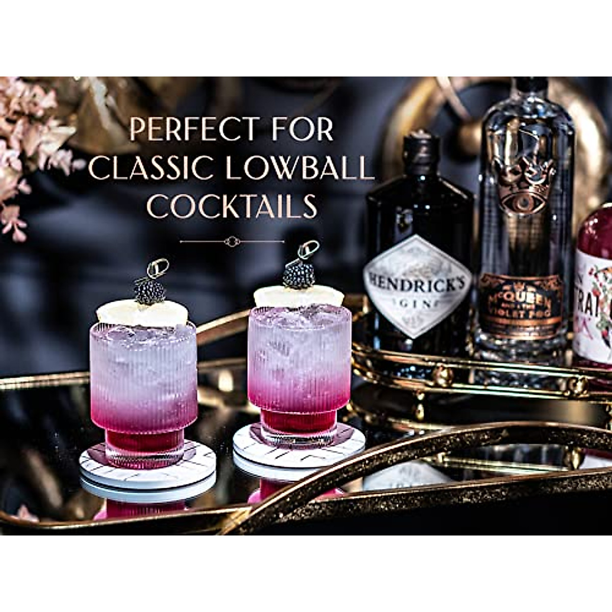 GLASSIQUE CADEAU Vintage Art Deco Ribbed Lowball Cocktail Glasses | Set of 4 | 12 oz Crystal Double Old Fashioned Tumblers for Drinking Classic Whiskey, Gin, Vodka Bar Drinks | Round Glassware