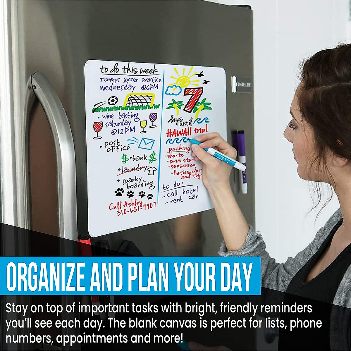 17x11 Stain-Resistant Magnetic Whiteboard for Fridge - Includes 4 Markers and Big Eraser with Magnets - Magnetic Dry Erase Board | Refrigerator White Board Organizer and Planner