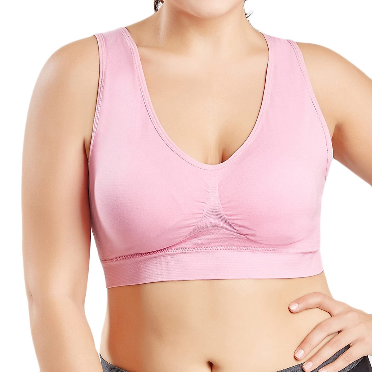 Prime Membership Women's High Support Seamless Sports Bra Wirefree Yoga Bra Comfort Wireless Push Up Bra Everyday Wear T-Shirt Bra v Neck Padded Bralettes for Women Pink M