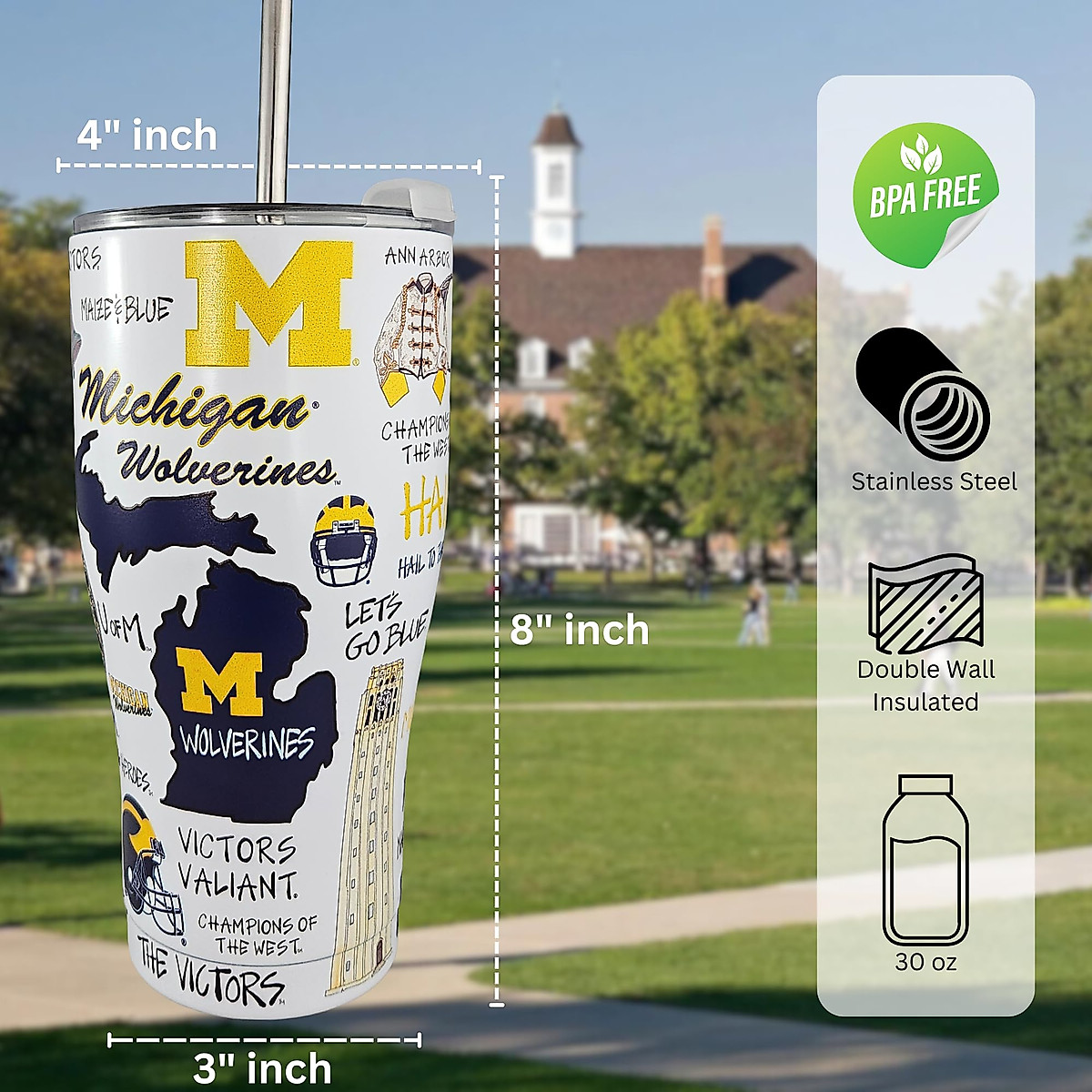 University of Michigan 30oz Stainless Steel 3D Icon Tumbler – High Performance Double-Walled Thermos w/Convertible Lid & Straw – Insulated Decorative NCAA Beverage Vessel – Keeps Drinks Hot or Cold