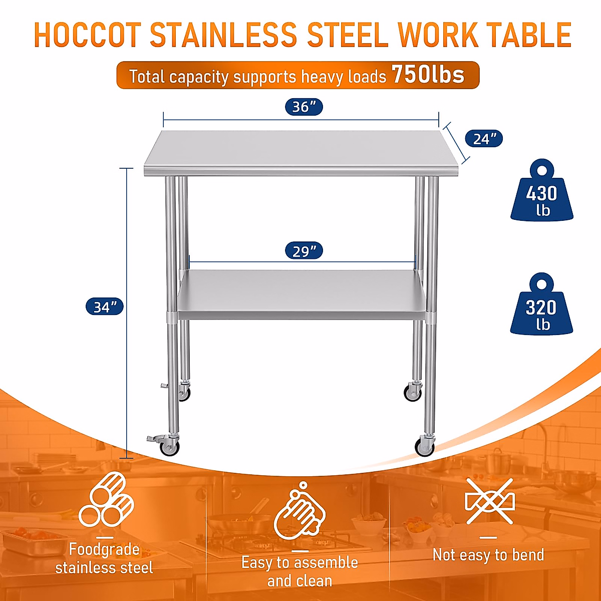 HOCCOT Stainless Steel Prep & Work Table with Adjustable Shelf, with Wheels, Kitchen Island, Commercial Workstations, Utility Table in Kitchen Garage Laundry Room Outdoor BBQ, 24" X 36"