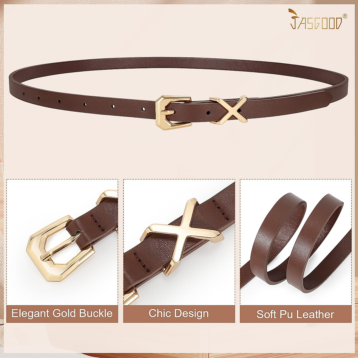 JASGOOD 4 Pack Women Skinny Leather Belt for Pants Jeans Ladies Thin Waist Belt for Dress