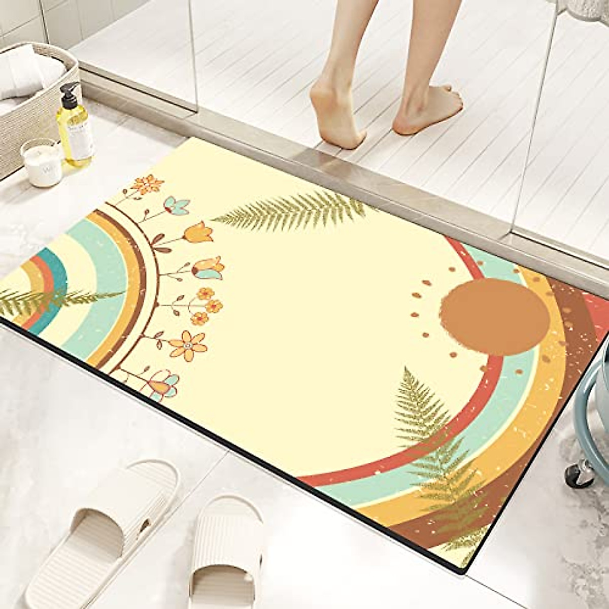 Mitterm Boho Bathroom Rugs Sets 2 Piece with Fabric Shower Curtain Bathroom Decor Sets Non Slip Diatomaceous Earth Bath mats for Bathroom Extra Absorbent Fast Water Drying for Boys,Girls(Beige/Cream)