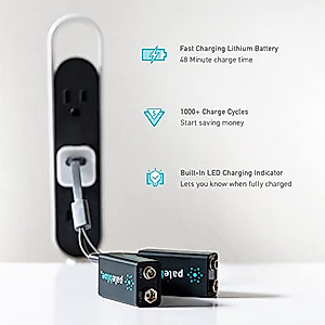 Rechargeable 9V Smart Batteries with USB Charger by Pale Blue, Lithium Ion 9 Volt 500 mAh, Charges Under 1 Hour, Over 1000 Cycles, 2-in-1 USB to Micro USB Charging Cable, LED Charge Indicator, 2-Pack
