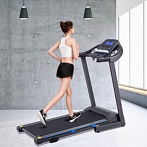 GYMAX Folding Treadmill, Electric Motorized Running Walking Machine with Heart Rate Sensor & LED Touch Display, 2.25HP Silent Treadmill for Home/Gym (Black+Blue)