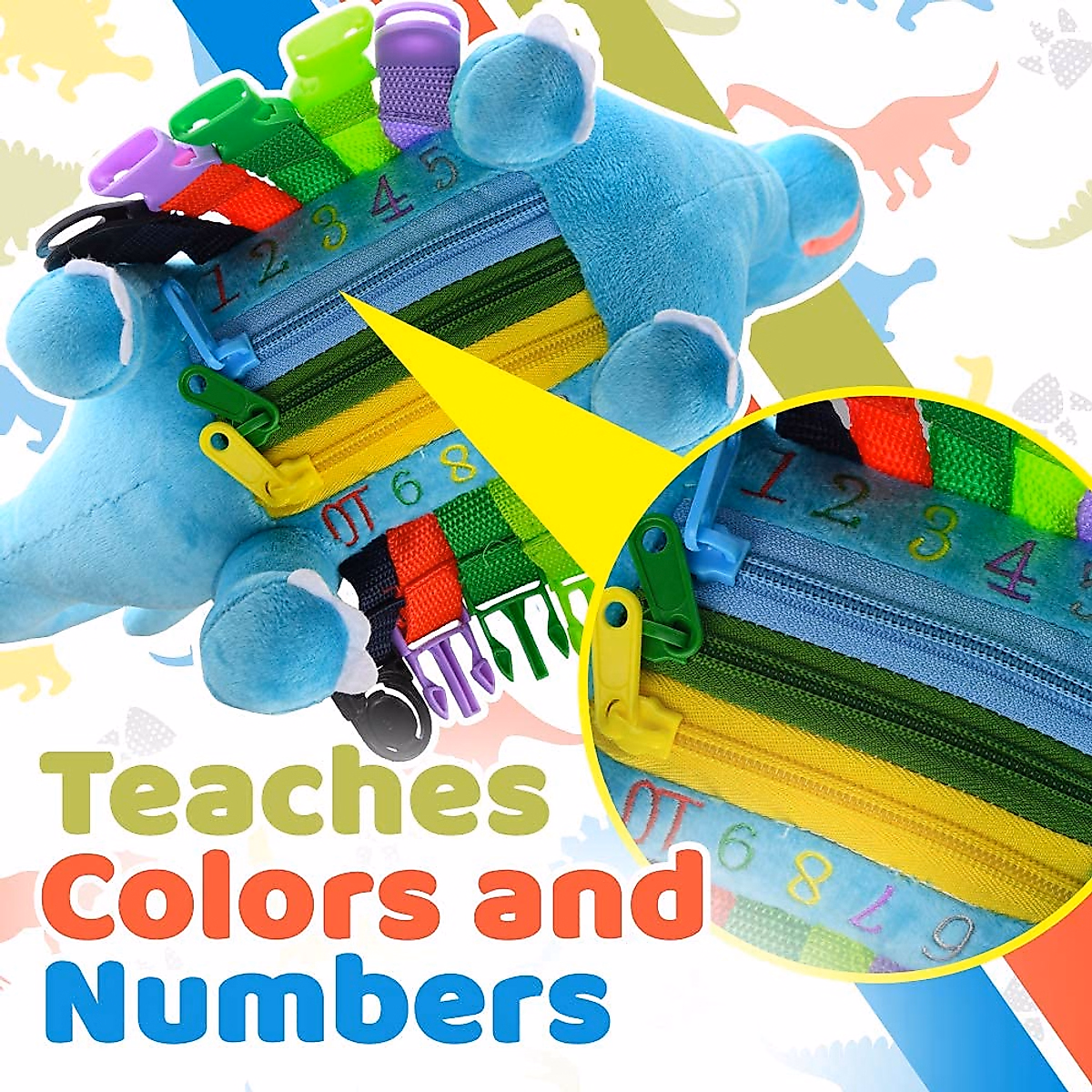 Little Chubby One Sensory Dinosaur Buckle Pillow - 11 Inch - Learning Activity Toy - Educational Toy Helps Develop Motor Skills Problem Solving Color and Number Recognition Ideal for Travel Great Gift