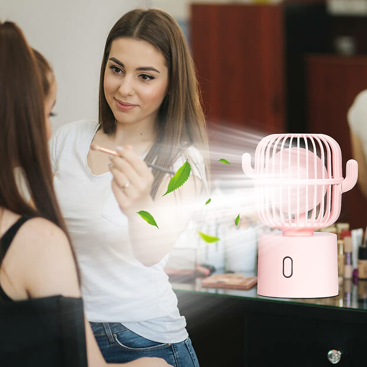 Growiner Cactus Fan, Cute Desk Fan Small Mini Office Desk Fan Quiet, 80 Degree Rotation USB Portable Fans 3 Speeds Strong Wind, Cactus Office Supplies, Personal Table Desktop Fan Decor (Green)