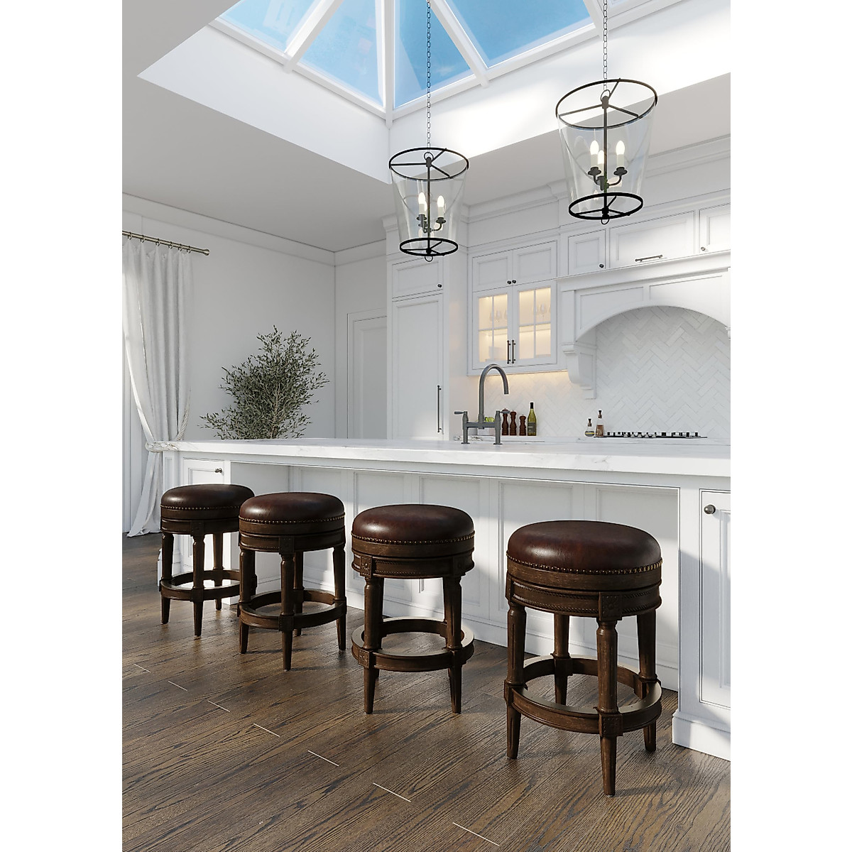 Maven Lane Pullman 26 Inch Tall Counter Height Upholstered Backless Barstool in Dark Walnut Finish with Vintage Brown Vegan Leather Cushion Seat