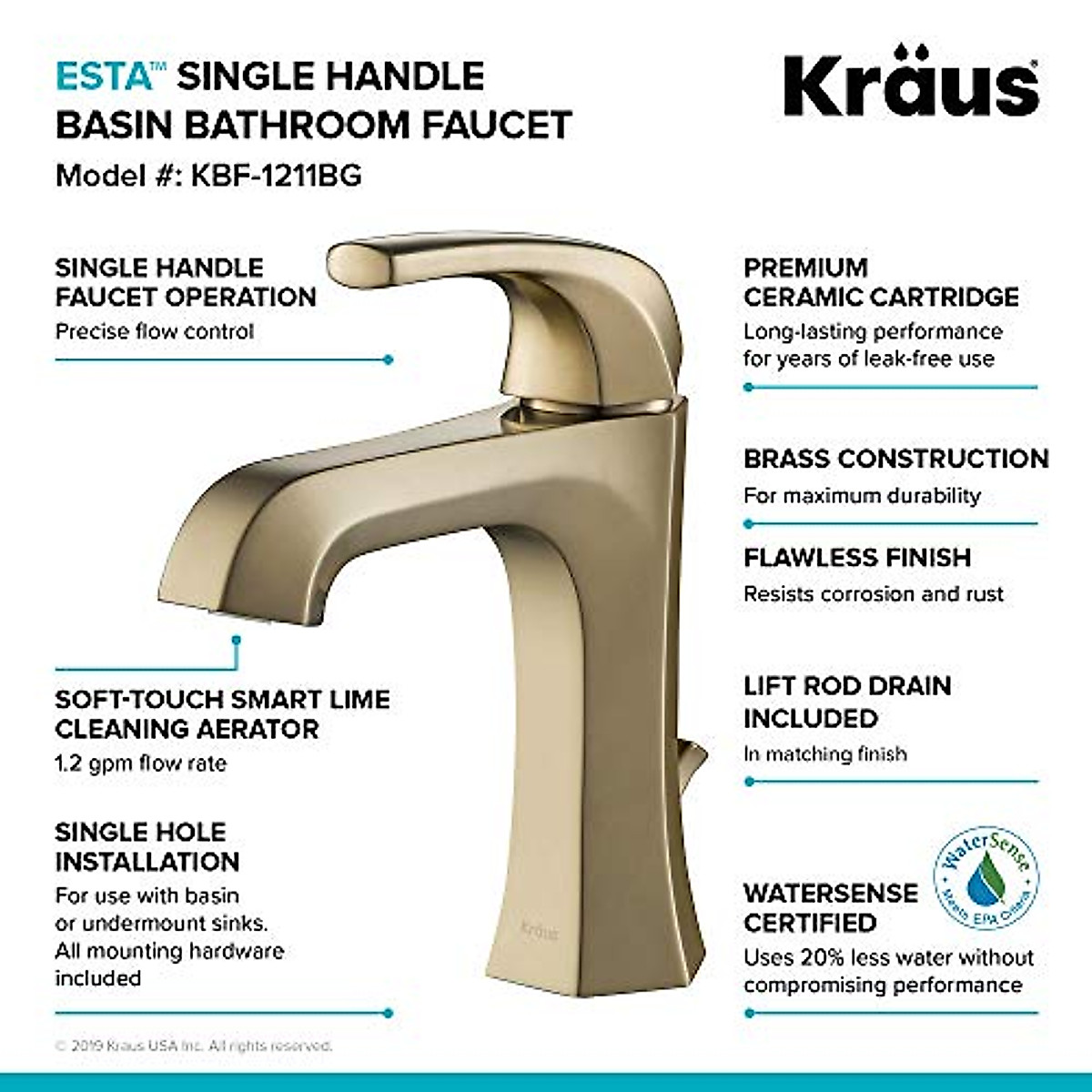 KRAUS Esta Single Handle Basin Bathroom Faucet with Lift Rod Drain in Brushed Gold, KBF-1211BG