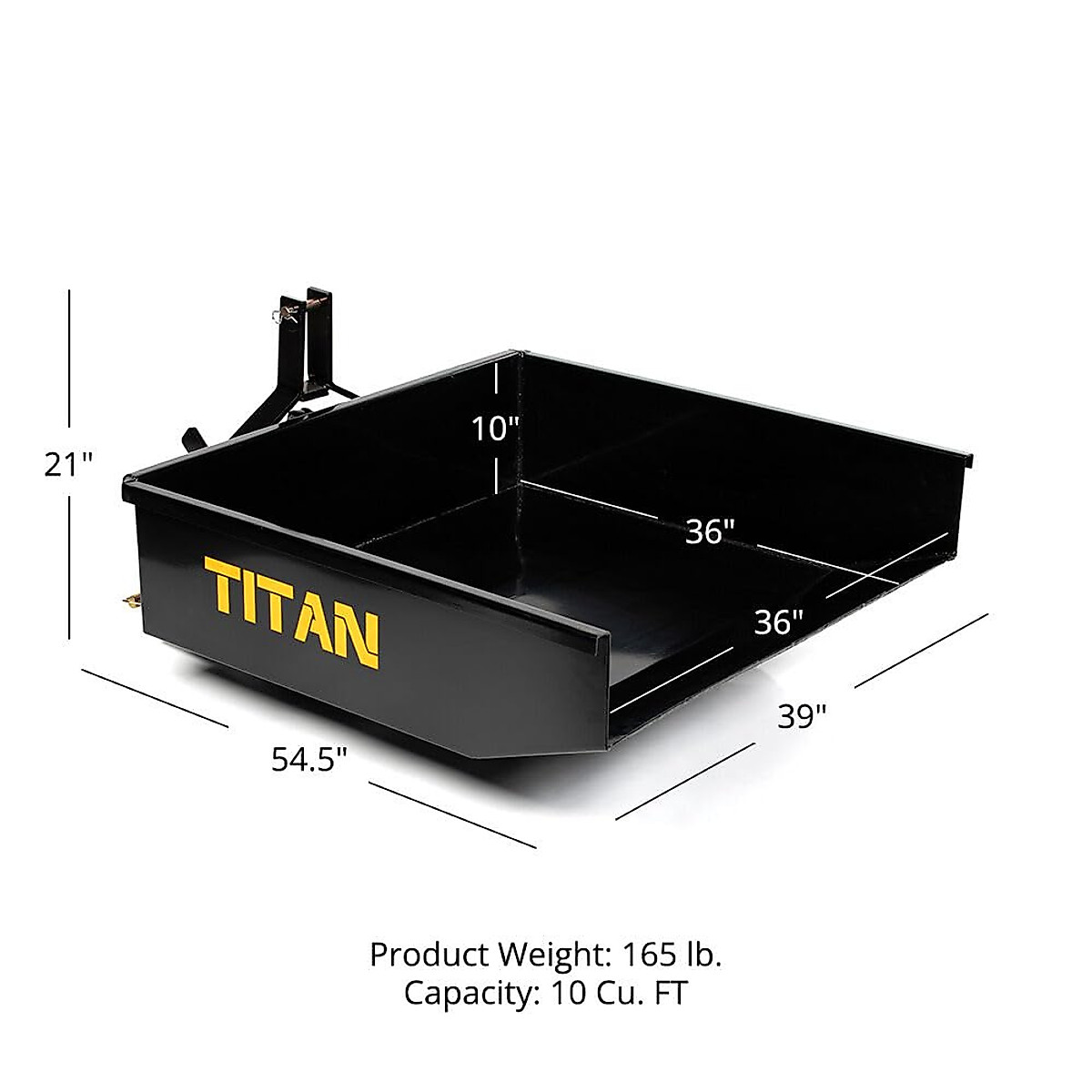 Titan Attachments 3 Point 10 Cu. FT Dump Box Fits Category 1 Tractors, Quick Hitch Compatible, Rear Transport Self-Dumping Hopper, Utility Carry-All Box for Material Handling