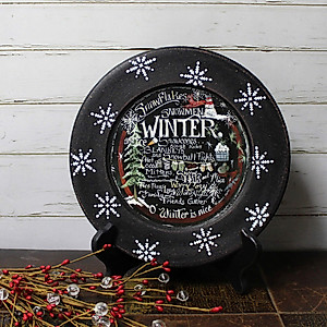 CVHOMEDECO. Winter Decorative Plate Primitives Distressed Round Christmas Display Wooden Plate Home Décor Art, 9-3/4 Inch